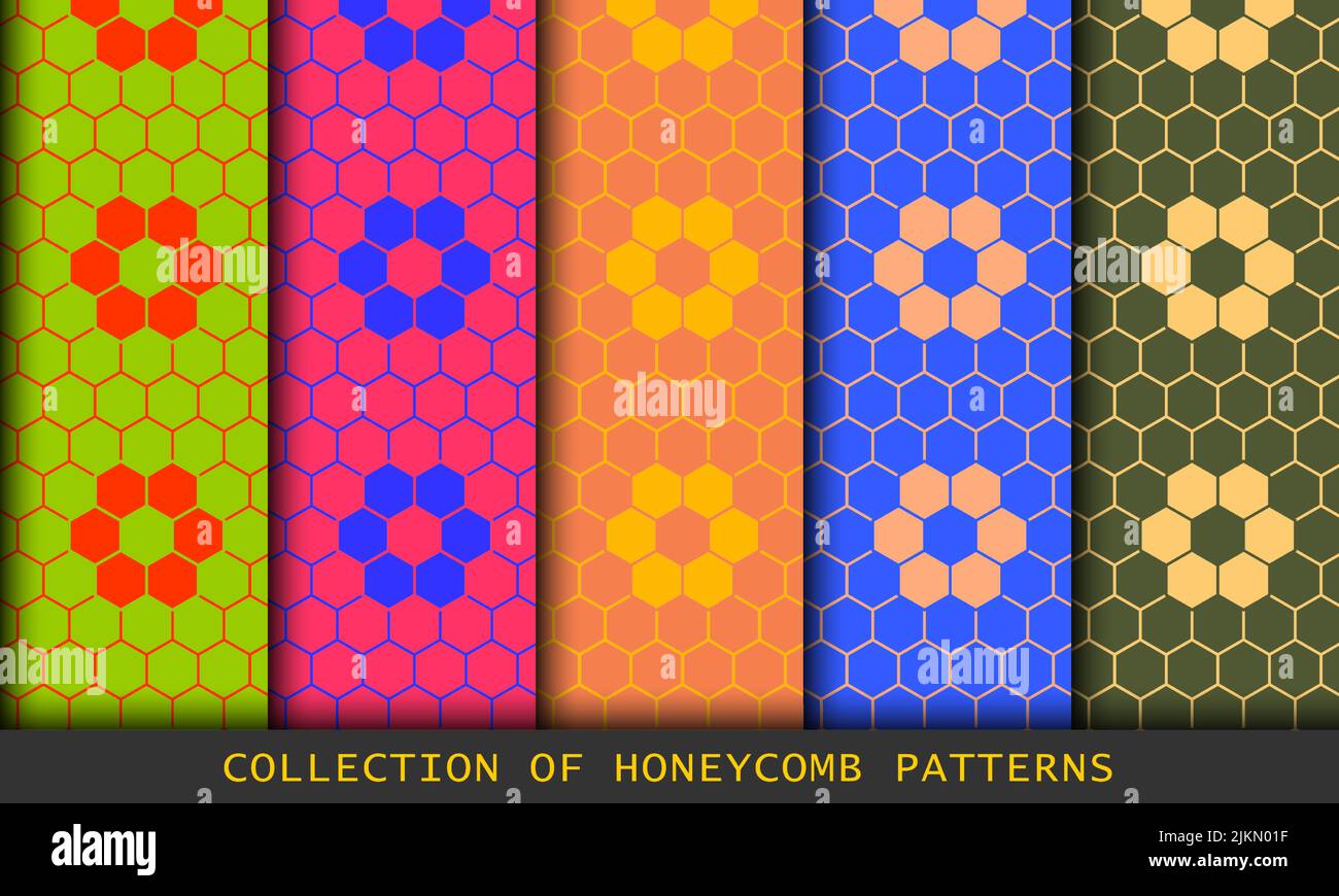 Bright colors Honeycombs set of geometric patterns. Abstract hexagons ...