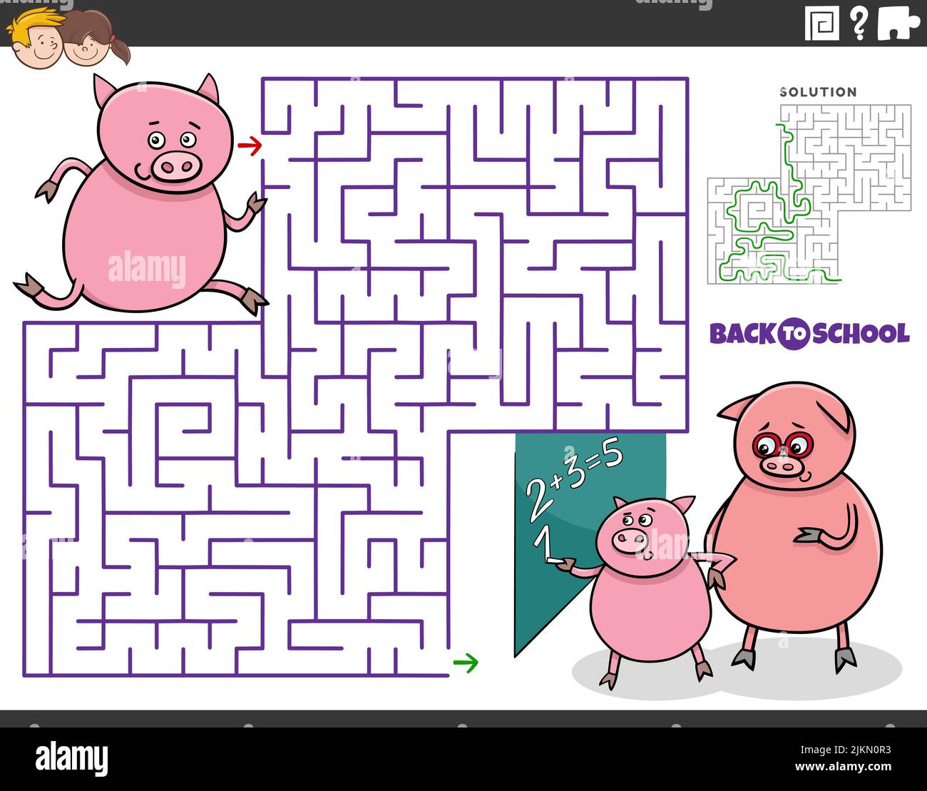 Cartoon illustration of educational maze puzzle game for children with ...