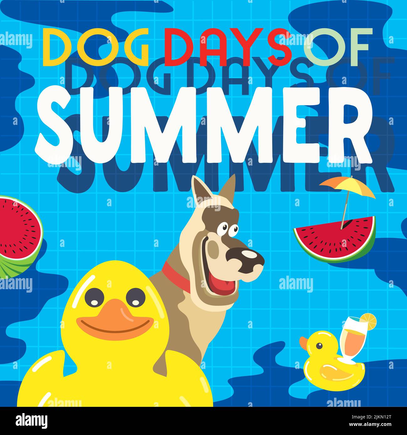 Dog days of Summer Time cute vector illustration. Comic dog, duck ...