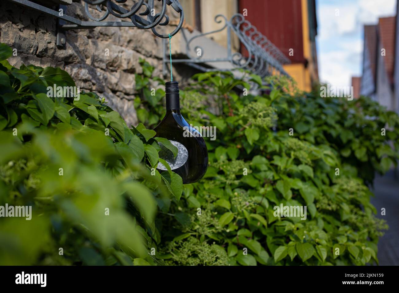 A bocksbeutel (Wine bottle ) hanging from a balcony Stock Photo - Alamy