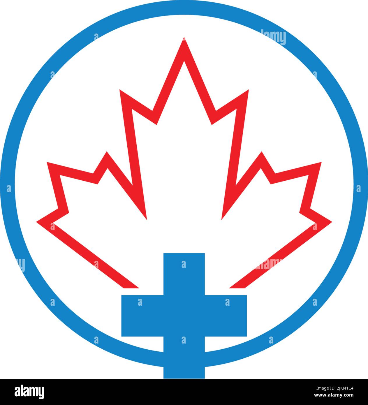 A lined red maple leaf with a cross in a blue circle isolated on a ...
