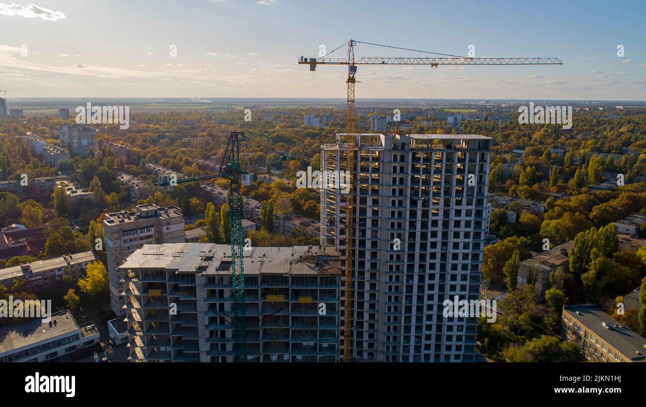 Construction of high-rise residential building. Aerial view of ...