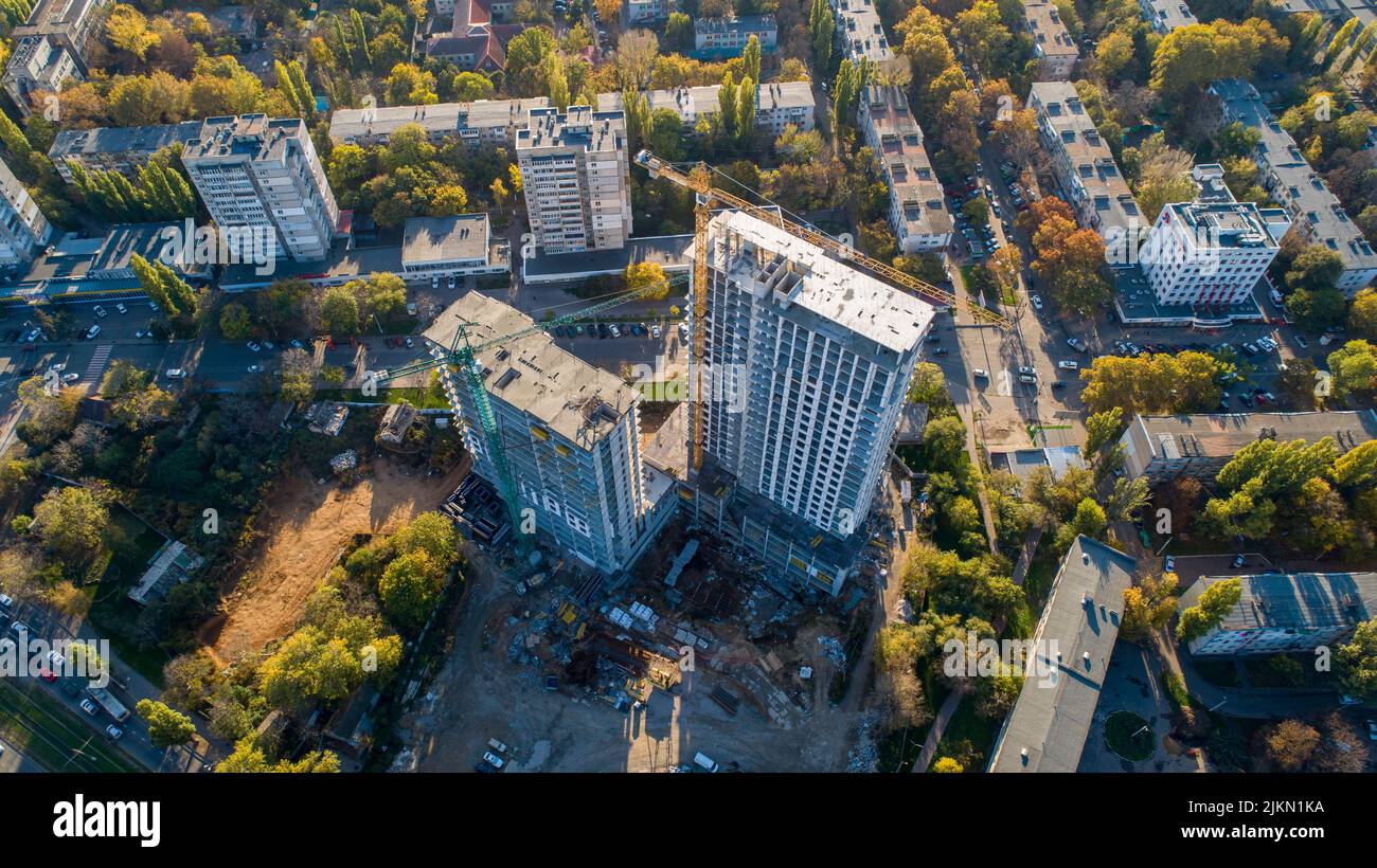Construction of high-rise residential building. Aerial view of ...