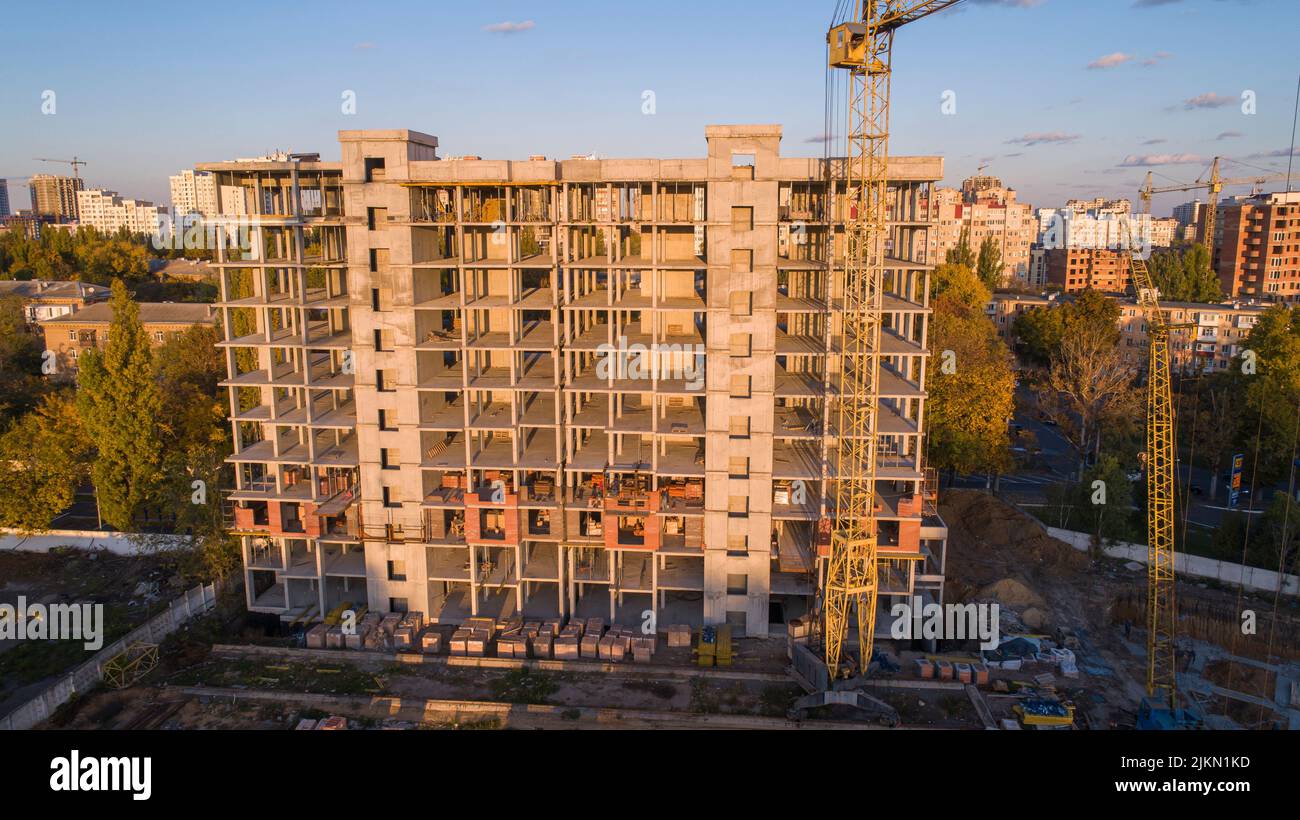 Construction of high-rise residential building. Aerial view of ...