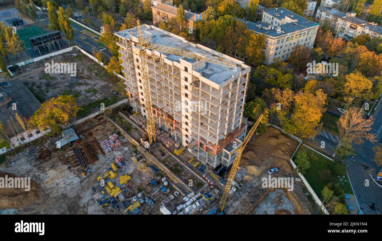 Construction of high-rise residential building. Aerial view of ...