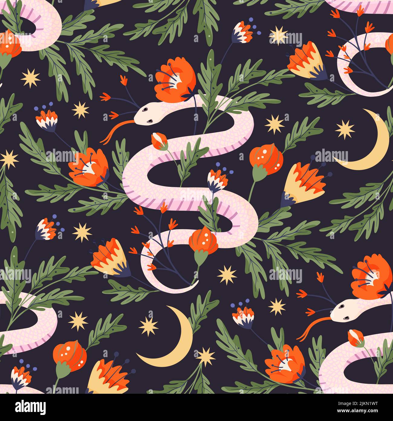 Snake poppy flower and moon celestial seamless vector pattern. Floral ...