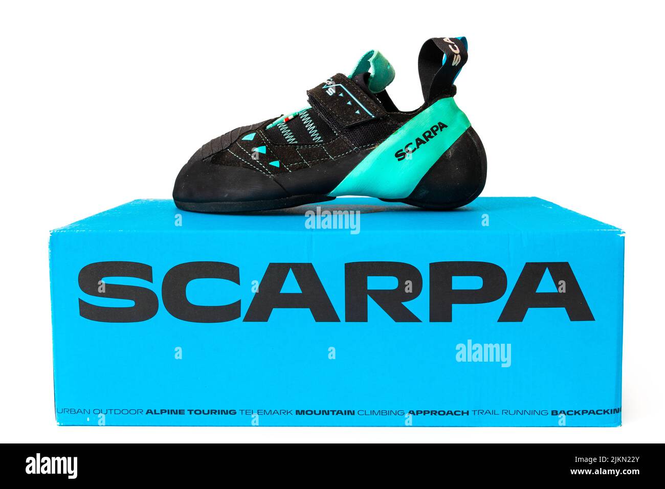 New women's shoe Scarpa Instinct VS isolated on white background. Rock ...