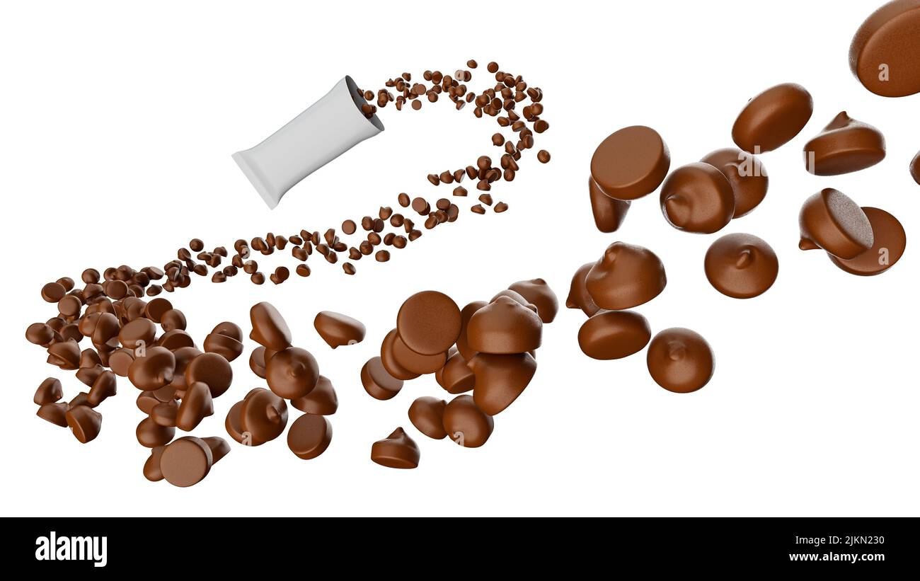 Scattering of tasty chocolate chips Spilling out from snack pack 3d ...