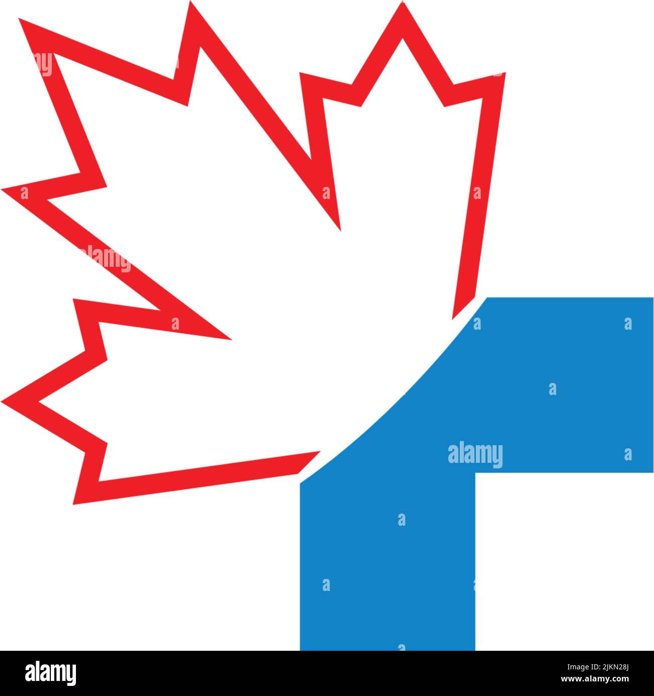 A lined red maple leaf with a blue ribbon isolated on a white ...