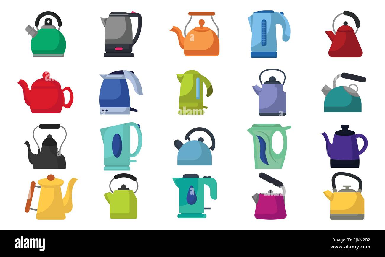 Water kettle cartoon electric and retro teapot. Hot galss or metal pot kitchenware vector ...