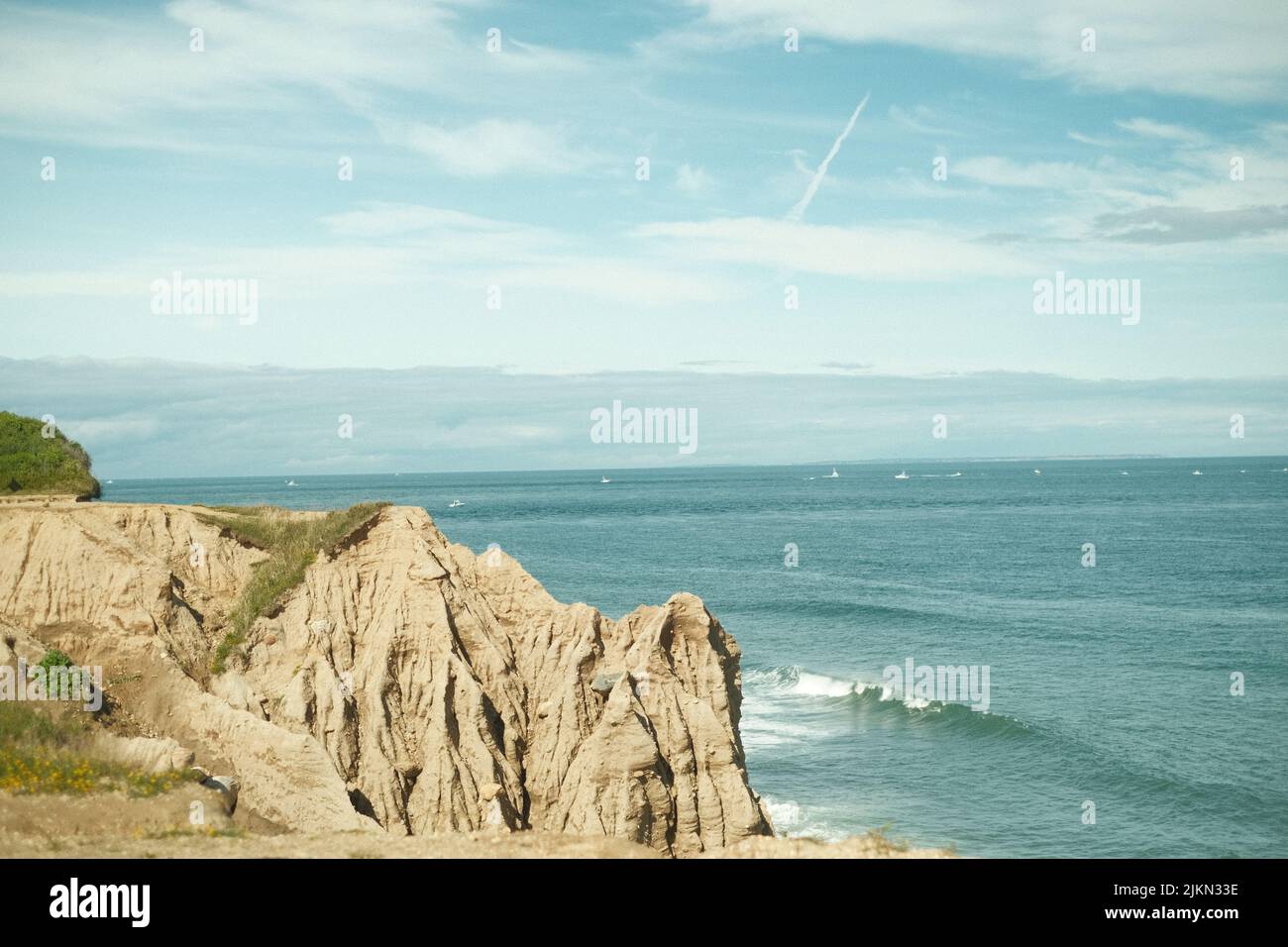 An aerial view of an ocean near a cliffs in Montauk Point, Long Island ...
