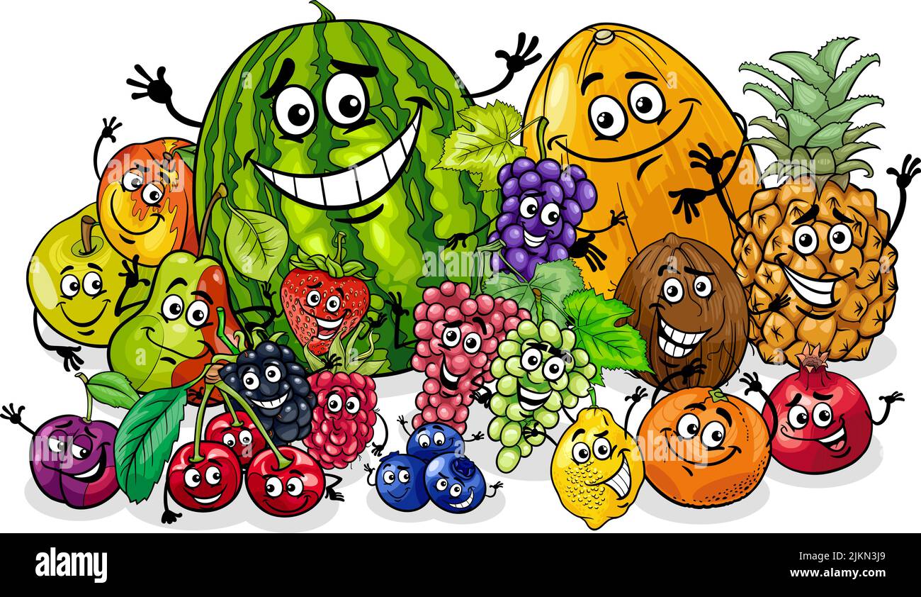 Cartoon illustration of happy fruit comic characters group Stock Vector ...