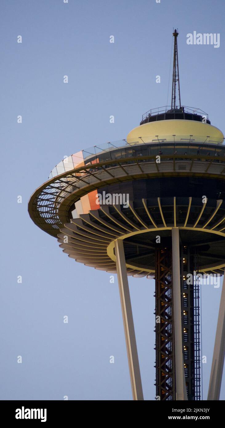 A vertical shot of the top of the Space Needle observation tower in ...