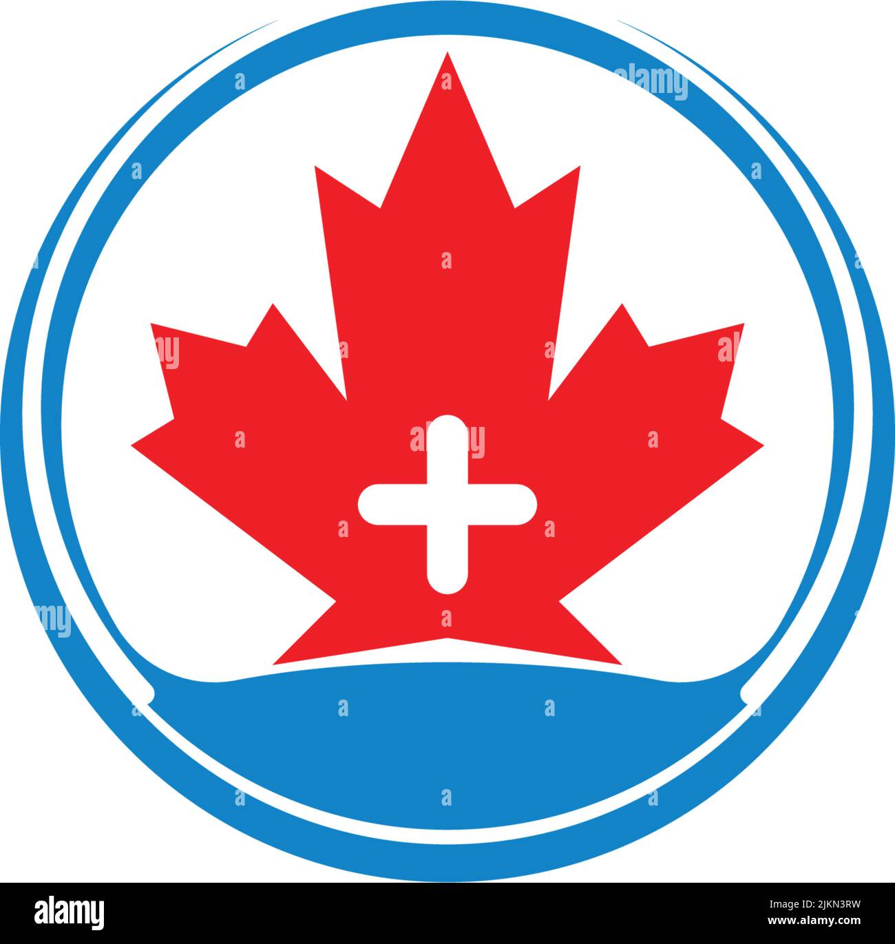 A red maple leaf with a cross inside of a blue circle isolated on a ...