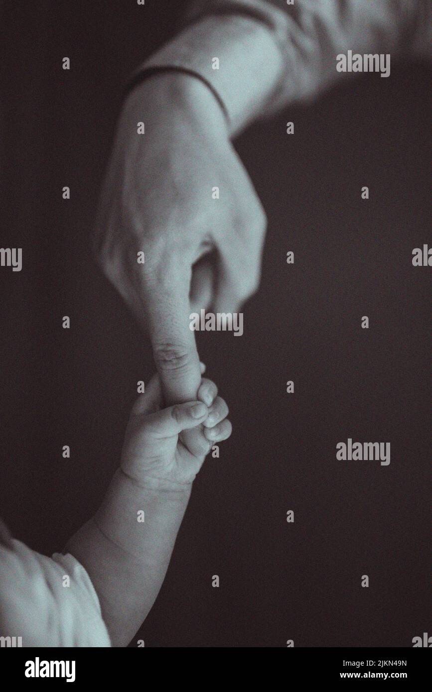 A vertical shot of a newborn child holding a father's index finger ...