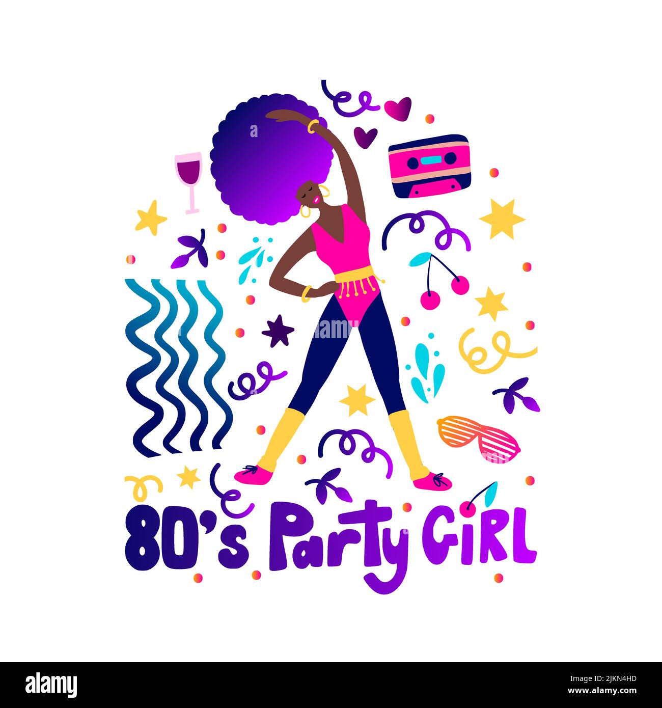 80s retro music party poster funky vector fashion aerobic girl card for ...