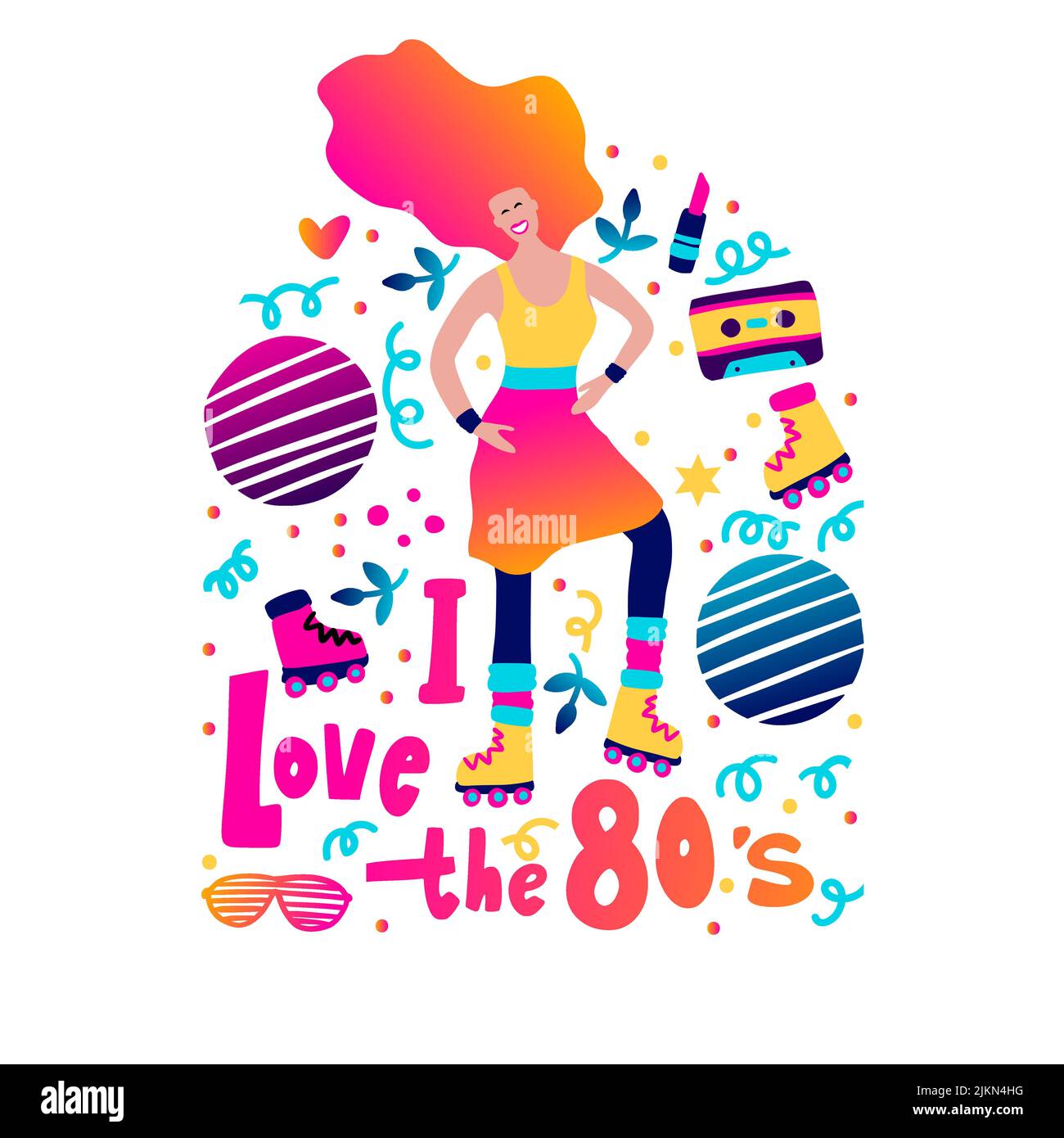 80s retro music party poster rollers funky girl vector fashion boy card ...