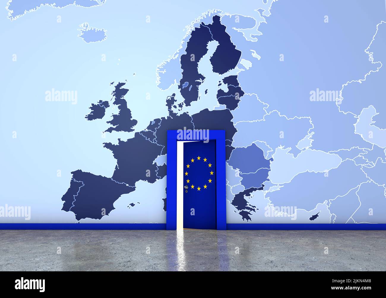 A 3D rendering of the wall with the map of Europe and a door with the ...