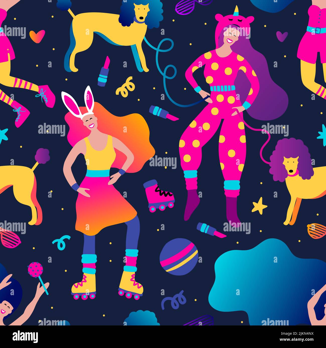 Funky Girl Funny Pajama Home Music Party Seamless Vector Pattern