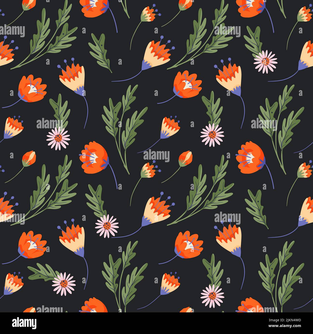 Poppy rose flower wildflower ornate night forest seamless pattern ...