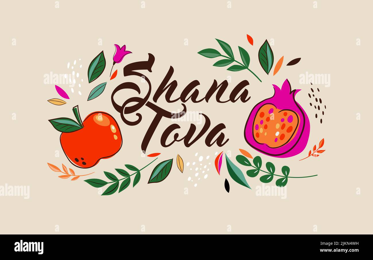 Rosh Hashanah design template with hand drawn apples, pomegranate ...