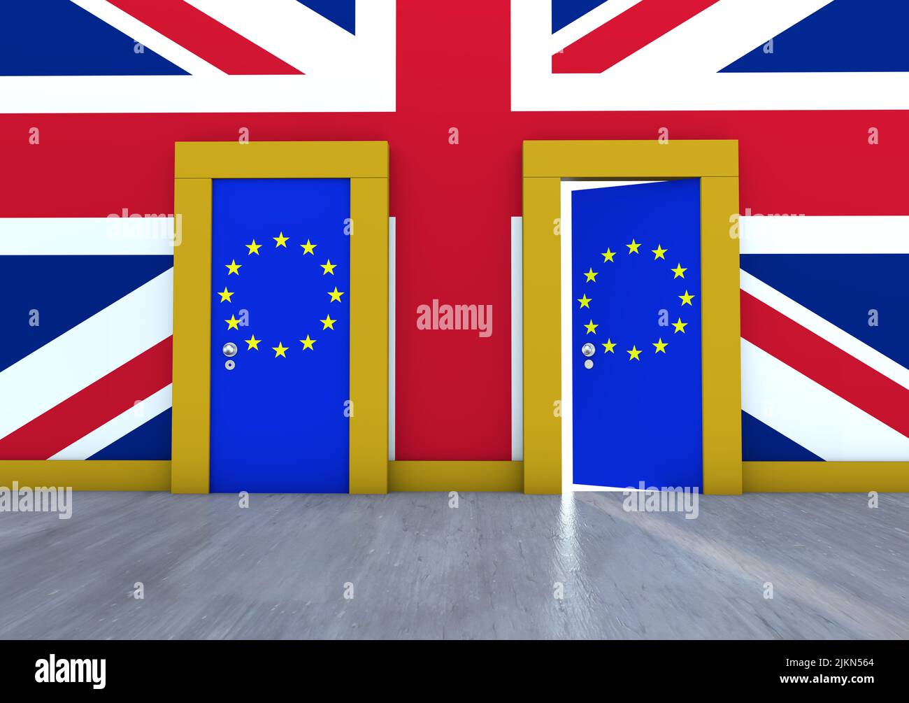 A Brexit-themed 3D rendering of a room with two doors with the EU flags ...