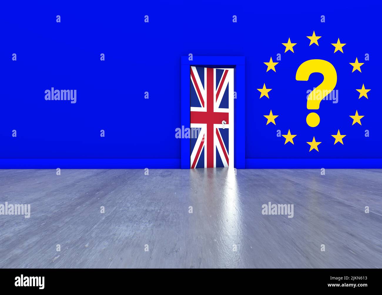 A Brexit-themed 3D rendering of a room with a blue wall and a door with ...