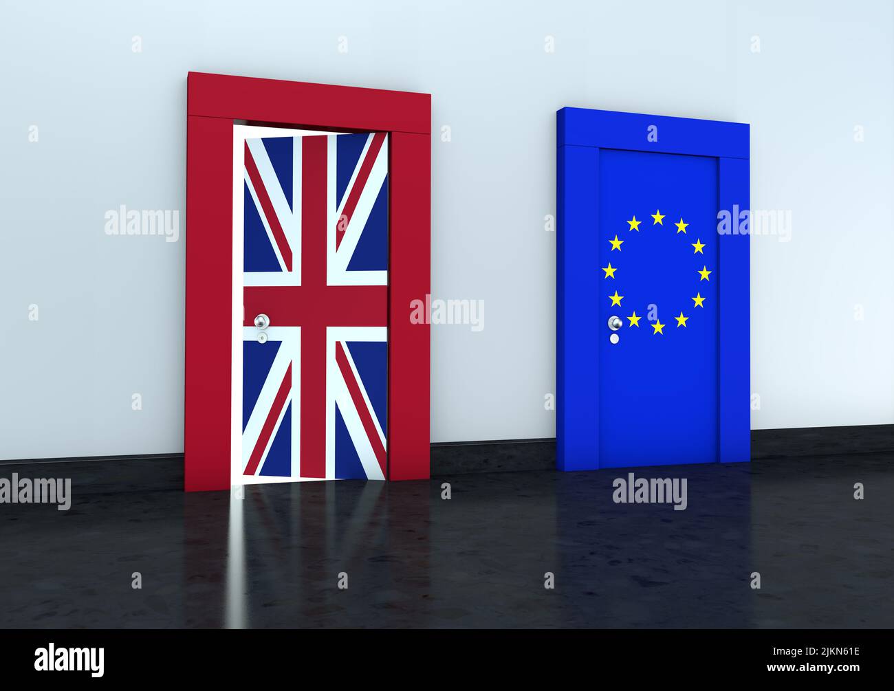 A Brexit-themed 3D rendering with two doors with the European Union and ...