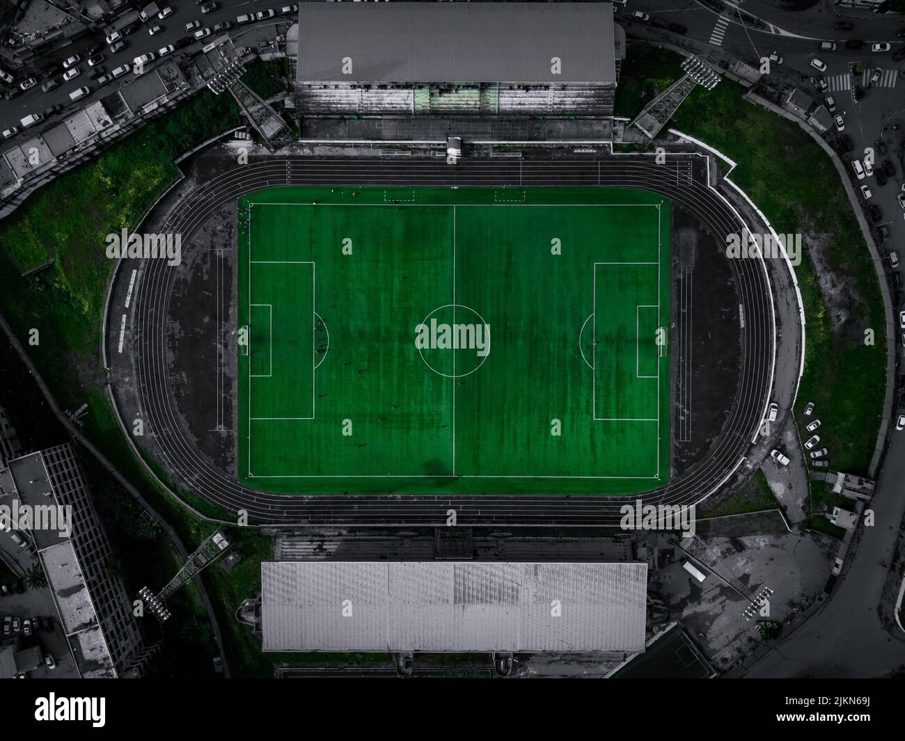 An aerial top view of Mohamed Benhaddad Stadium in Kouba, Algiers ...
