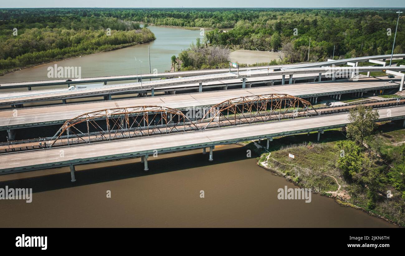 An aerial shot of the Champ Clark Bridge over the Mississippi River ...