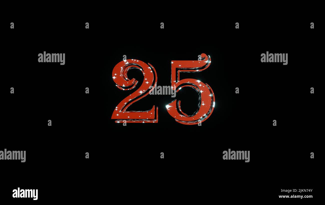An illustration of the red number 25 on a black isolated background ...