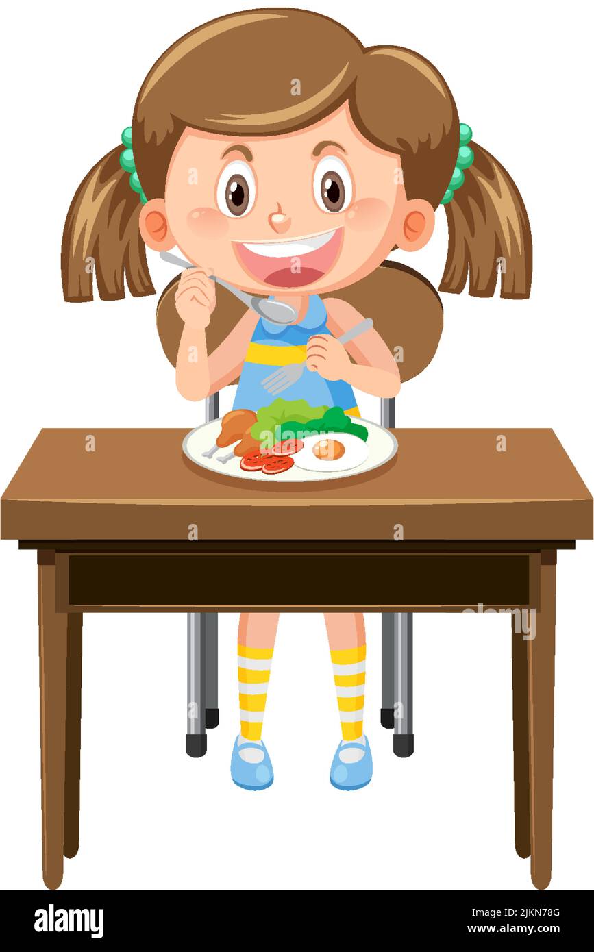 Cute girl cartoon character eating breakfast illustration Stock Vector ...
