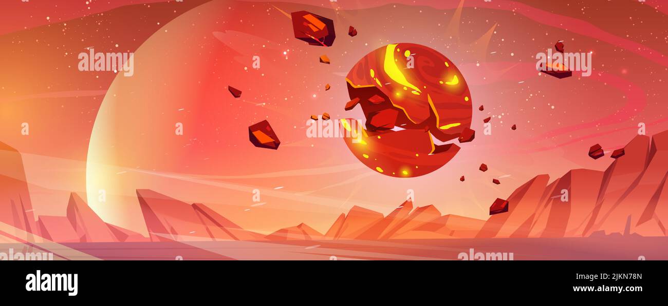 Asteroid or meteorite explosion above planet surface. Vector cartoon ...