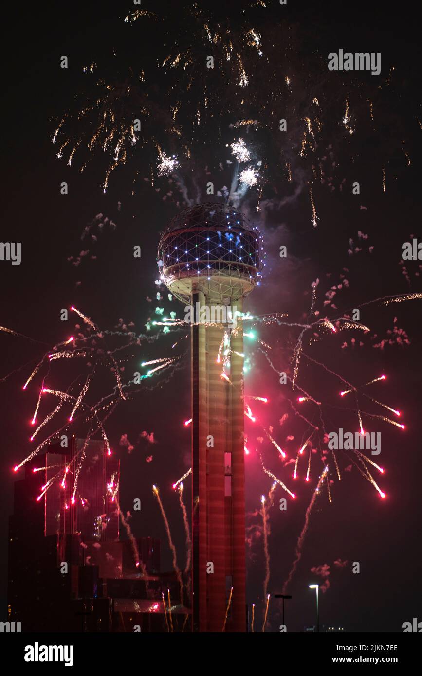 A Beautiful shot of a celebration of New years eve at reunion tower ...