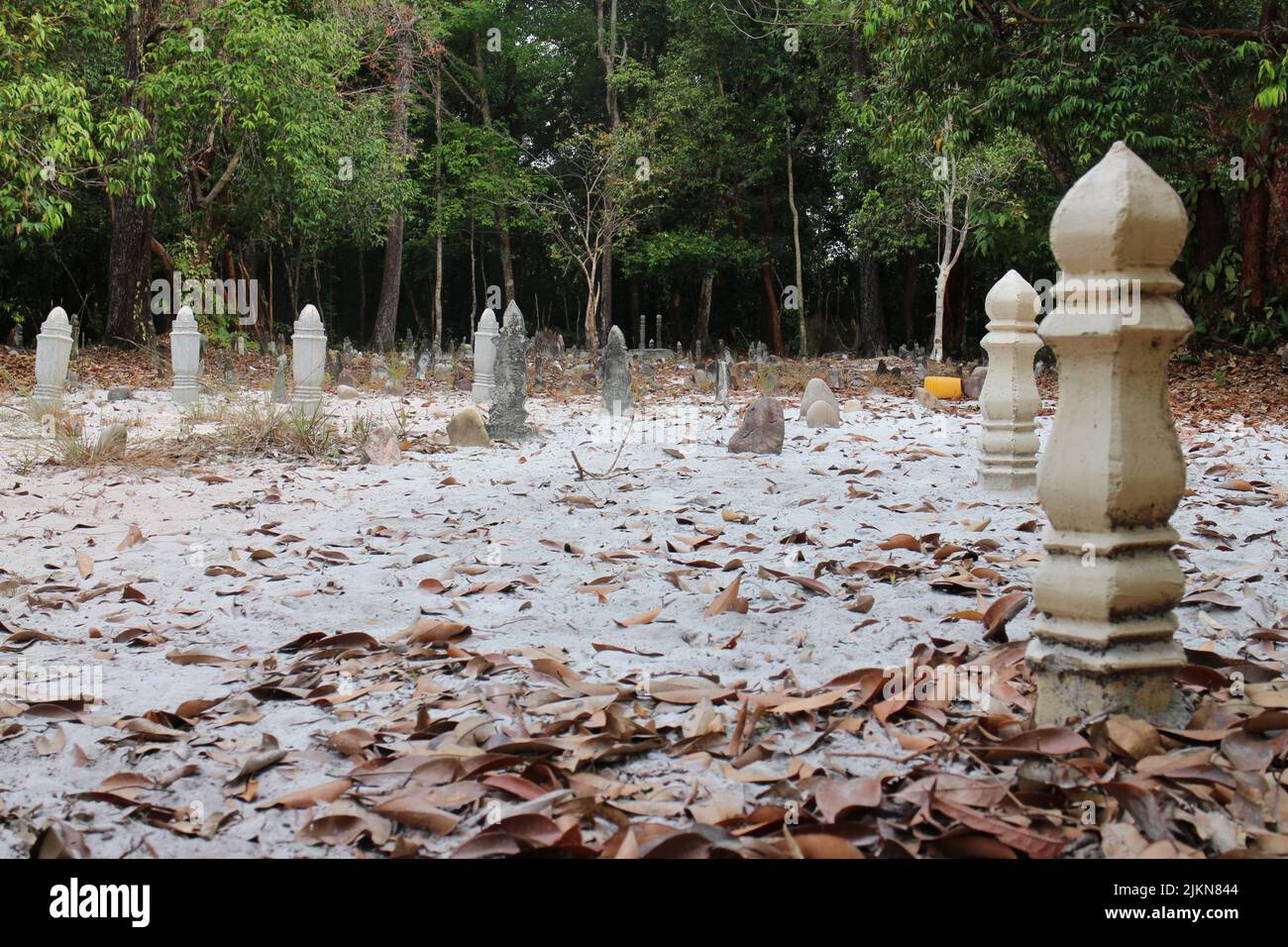 A park with small stone statues on fallen leaves, over a background of ...