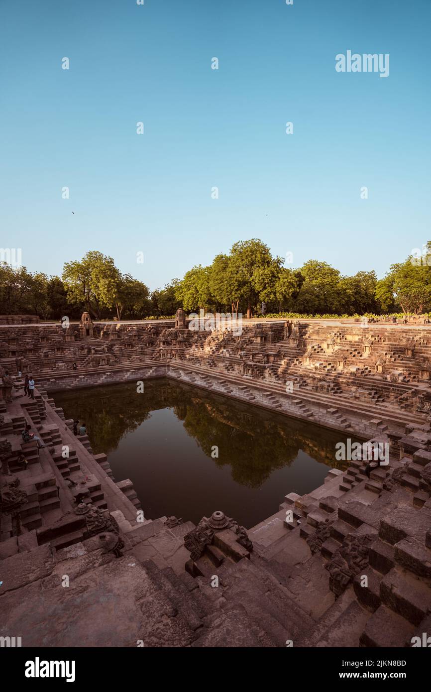 A vertical shot of the reservoir of the Sun Temple at the Modhera ...