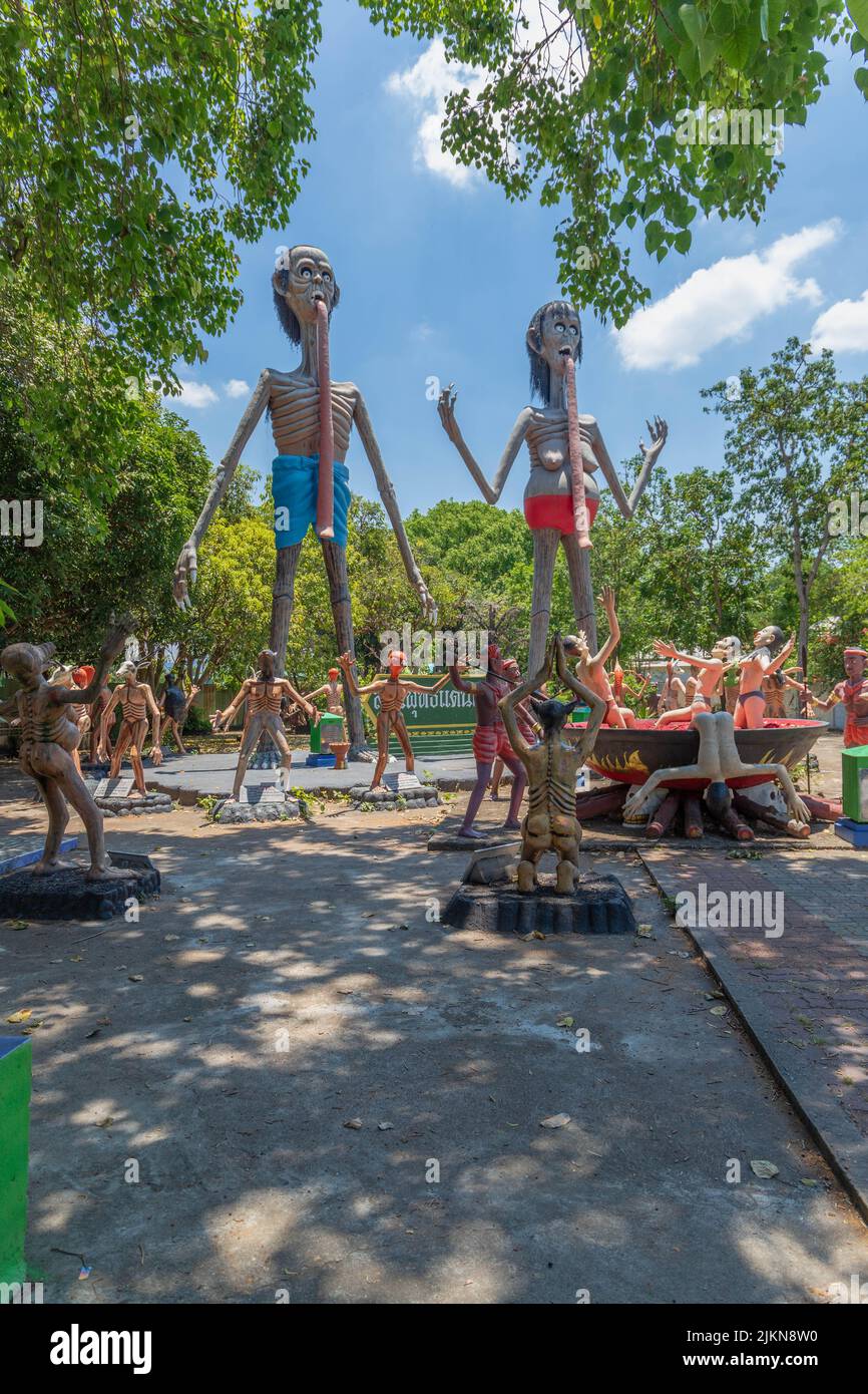 Some statues at the Heaven and Hell temple or Wat Saen Suk in Chonburi ...