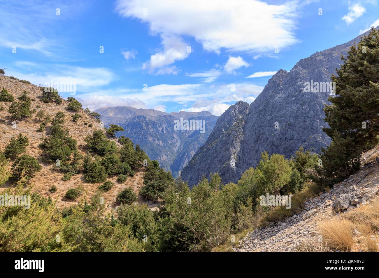 A scenic view of the rocky mountains of Samaria Gorge, covered with ...