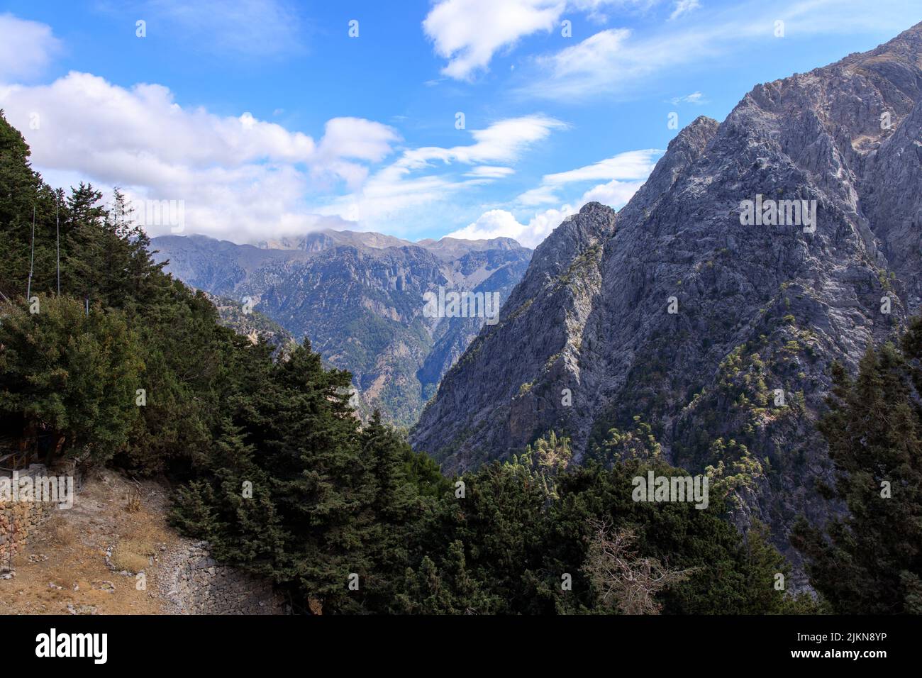 A scenic view of the rocky mountains of Samaria Gorge, covered with ...