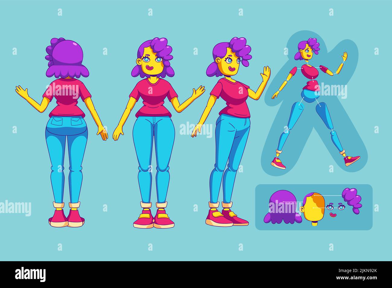 Girl character animation set with parts of body and head isolated on ...