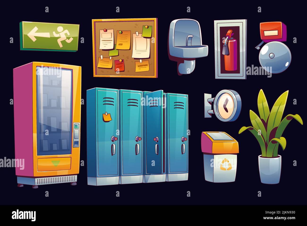 School hallway interior set with lockers, alarm bell, vending machine ...