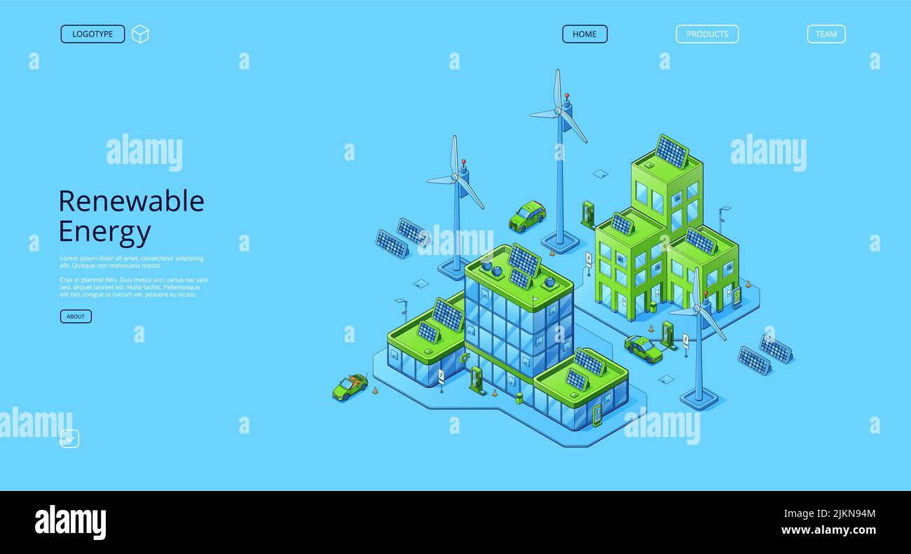 Renewable energy isometric landing page. Clean power, sources of green ...