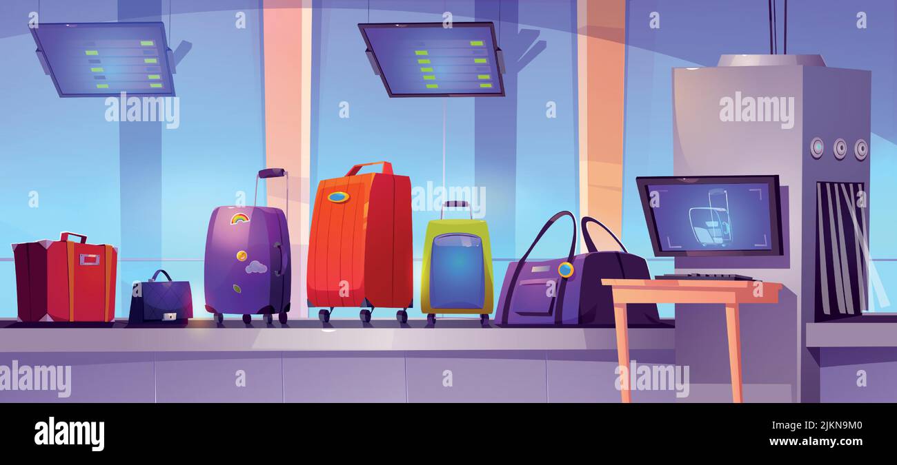 Airport conveyor belt with baggage riding through scanner. Luggage xray ...