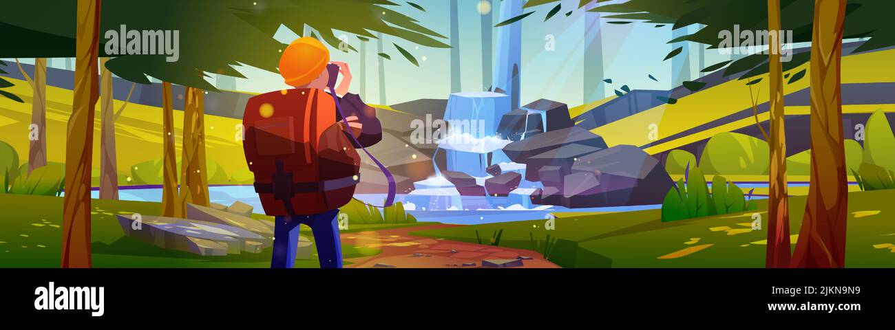 Traveler making picture on camera of scenery landscape with waterfall ...