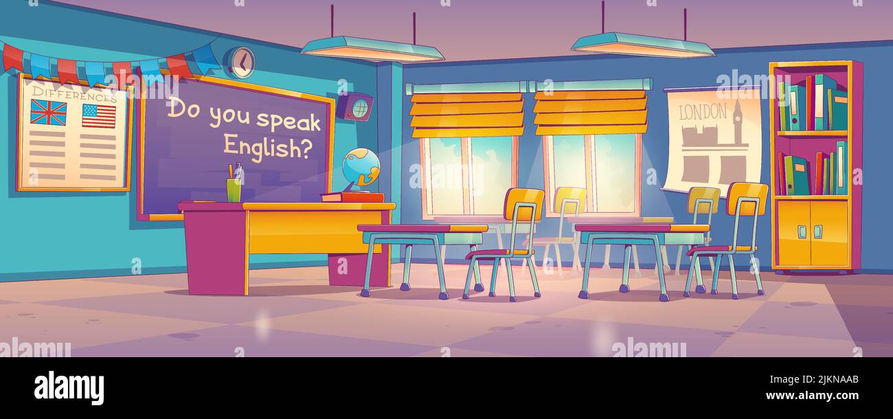 School classroom for English language learning. Vector illustration of ...