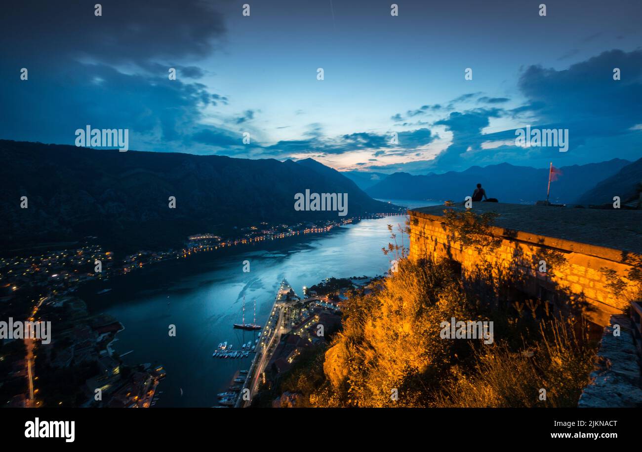 A night view of the Bokelj River in the Kotor bay from the famous Kotor ...
