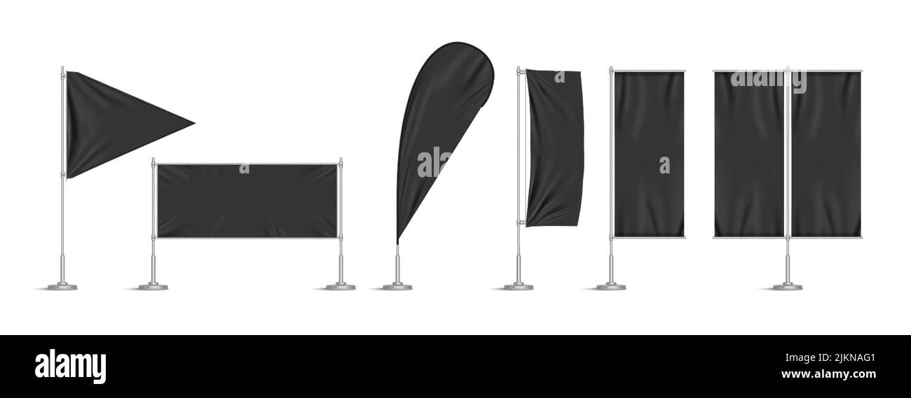 Black vinyl flags and set banners on metallic pole. Vector realistic ...