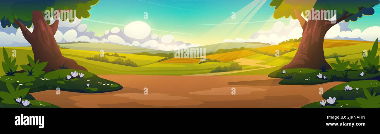 Cartoon nature landscape, summer sunny forest panoramic background with ...