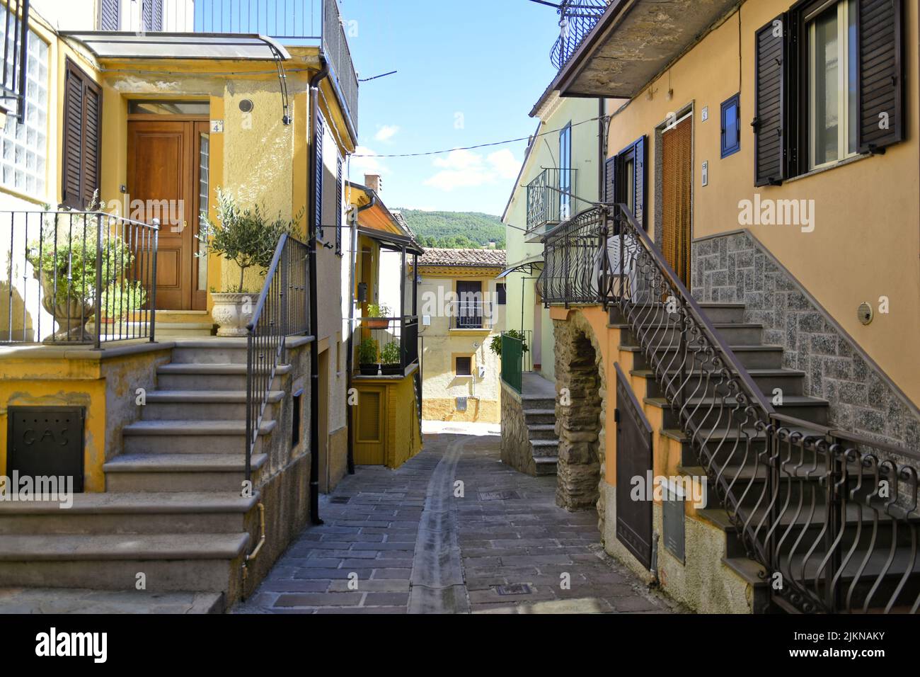A narrow street in Calvello village in the Basilicata region of Italy ...