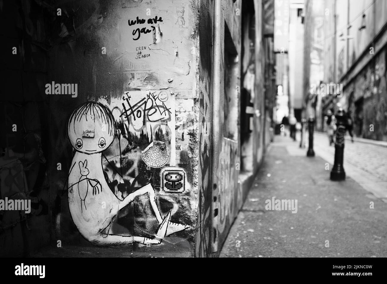 A grayscale shot of the street art in Hosier Lane, Melbourne Stock ...